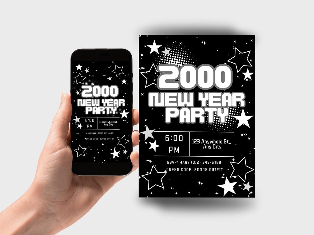 2000s New Year Party Invite | Black Y2K Throwback Invitation | Digital ...