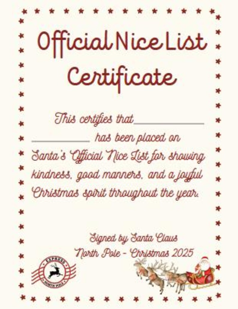 Nice List Certificate | Christmas Award | A4 and US Letter | PDF & PNG ...