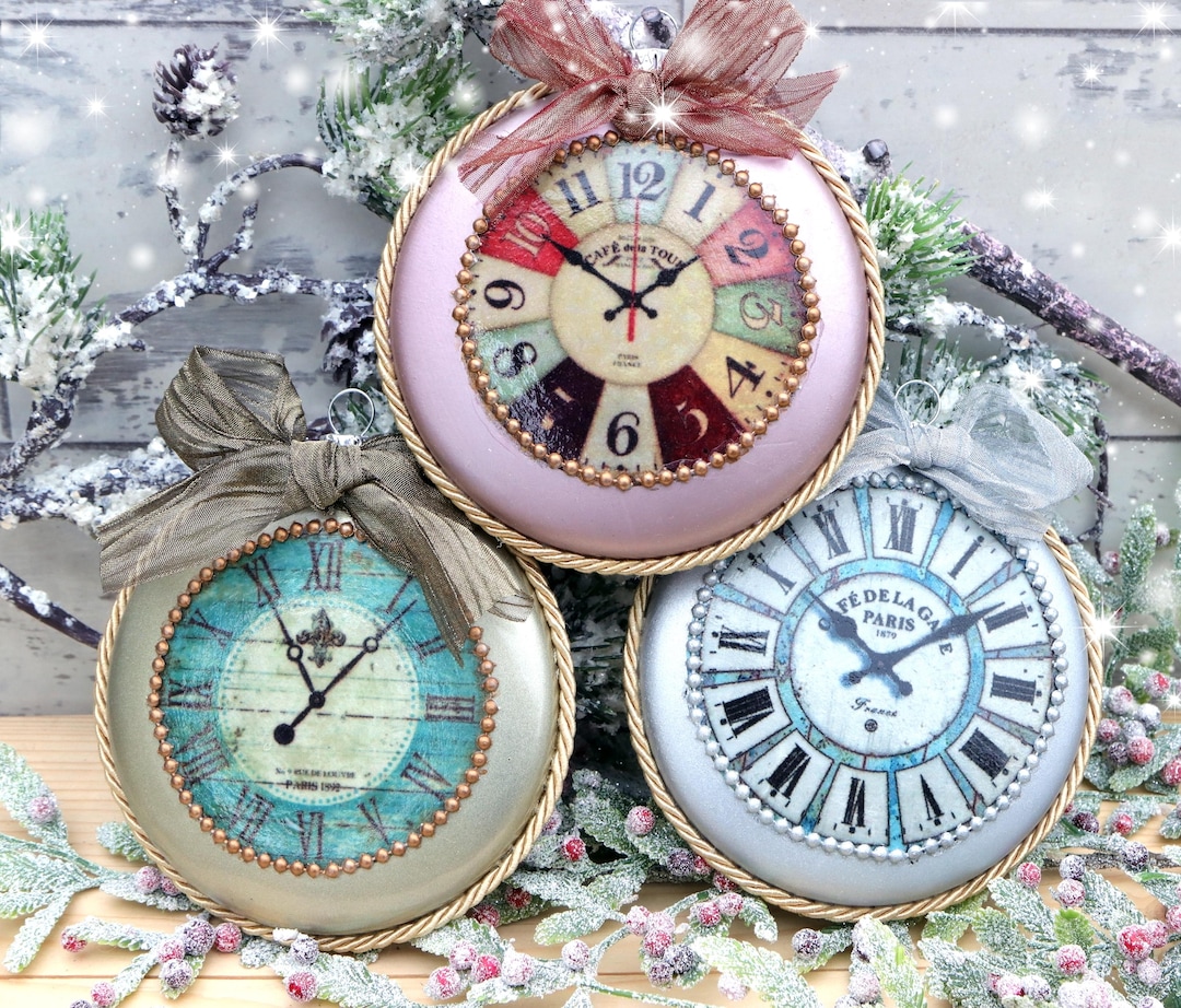 Antique Clock Baubles, Metallic Tree Decorations, Festive Decorations ...
