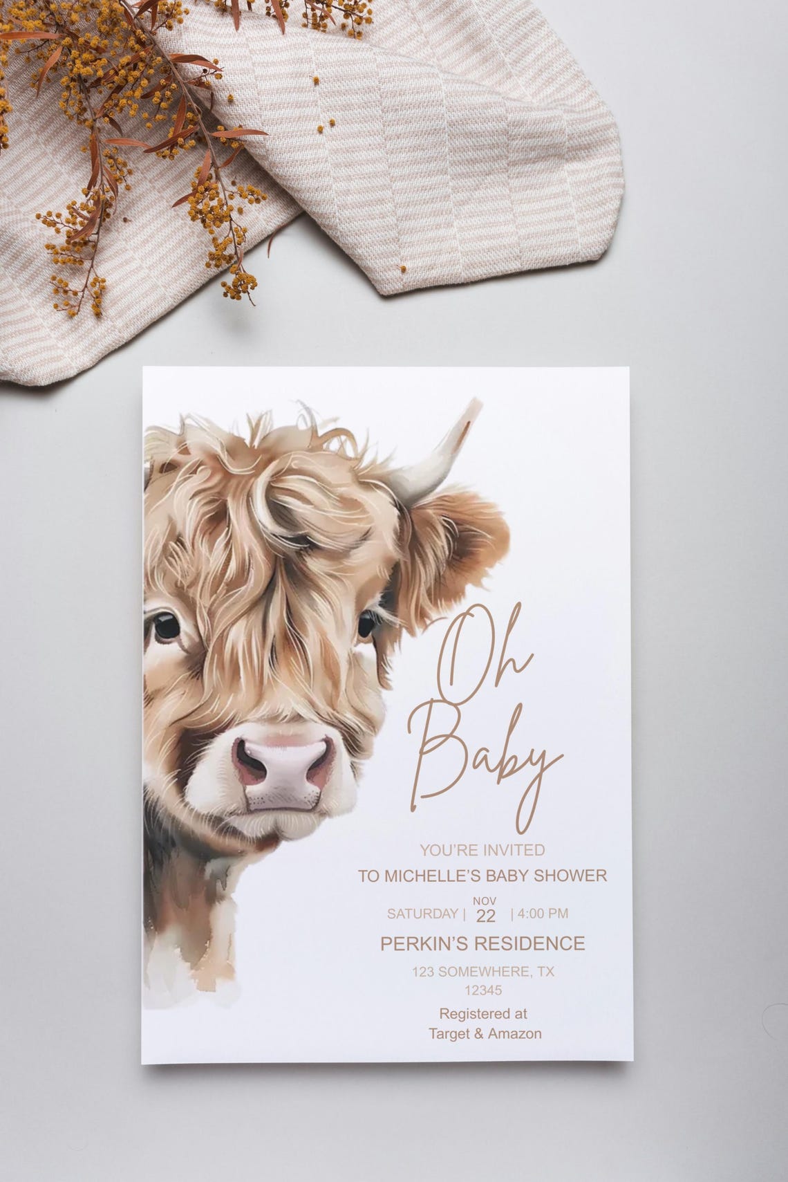 Oh Baby Highland Cow Baby Shower Invitation | Rustic Farm Theme ...