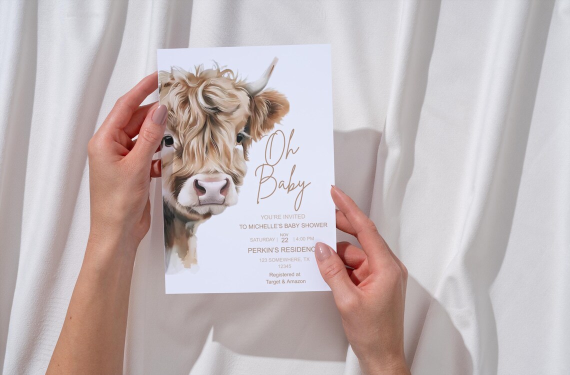 Oh Baby Highland Cow Baby Shower Invitation | Rustic Farm Theme ...