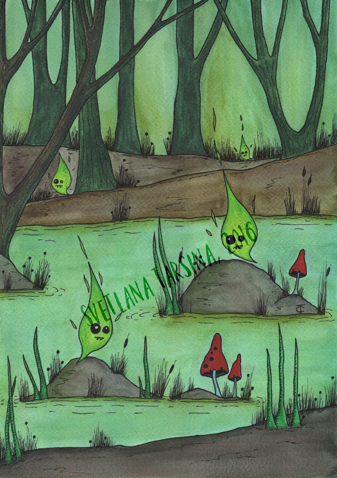 Original Watercolor Swamp Painting: Fantasy Forest Will-o-wisps - Etsy