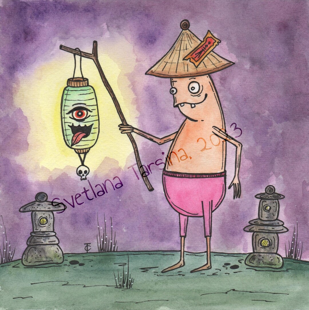 Original Yokai Watercolor Painting: Paper Lantern Ghost Art - Etsy