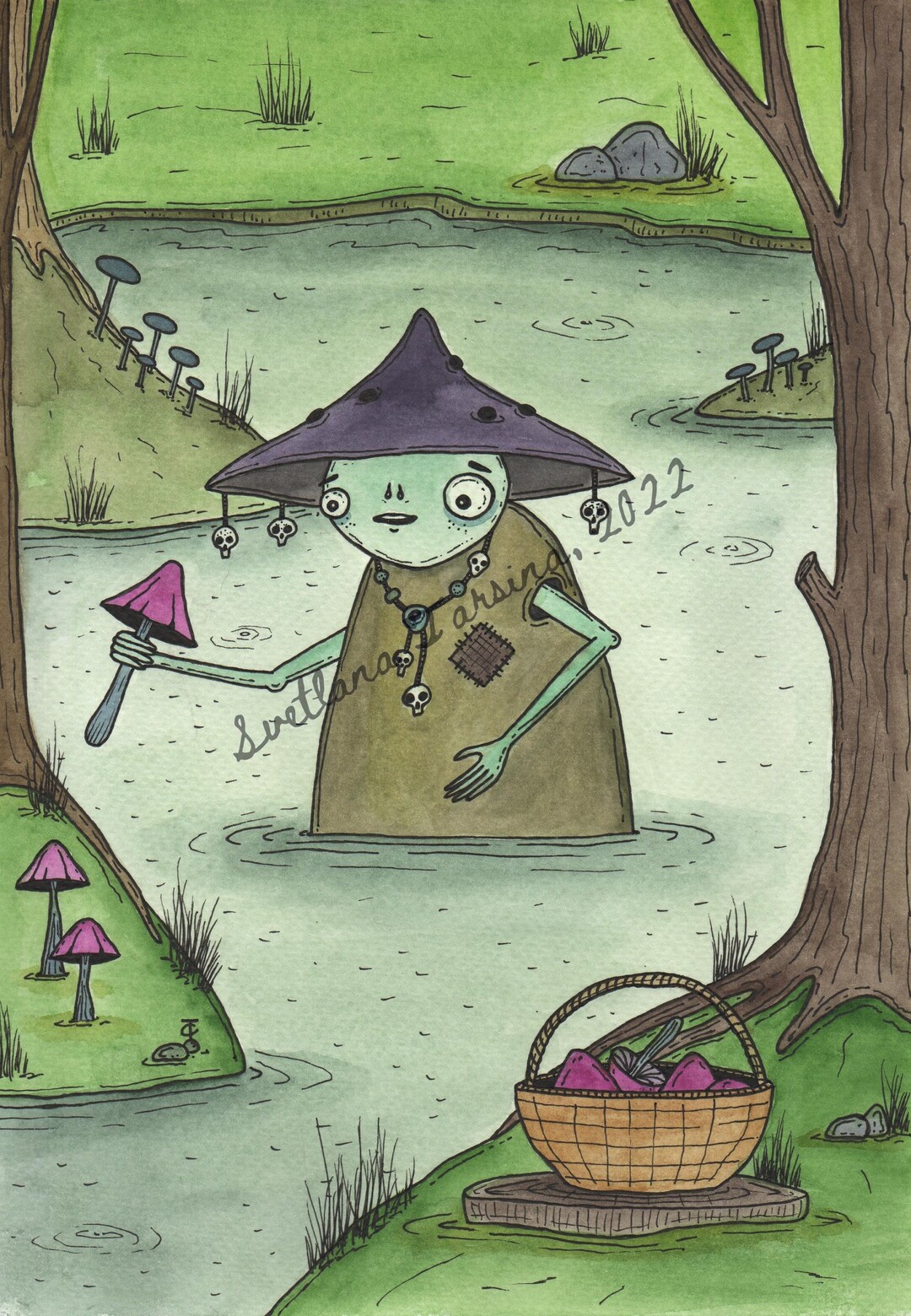 Original Swamp Witch Watercolor Painting: Spooky Fantasy Art Decor - Etsy