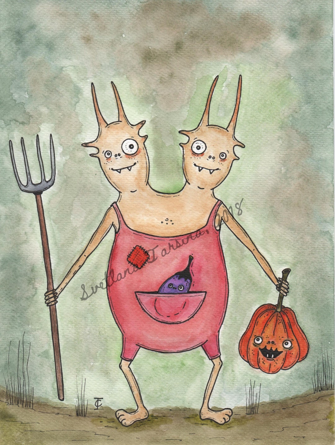 Conjoined Twins Drawing, Original Watercolor Illustration, Siamese ...