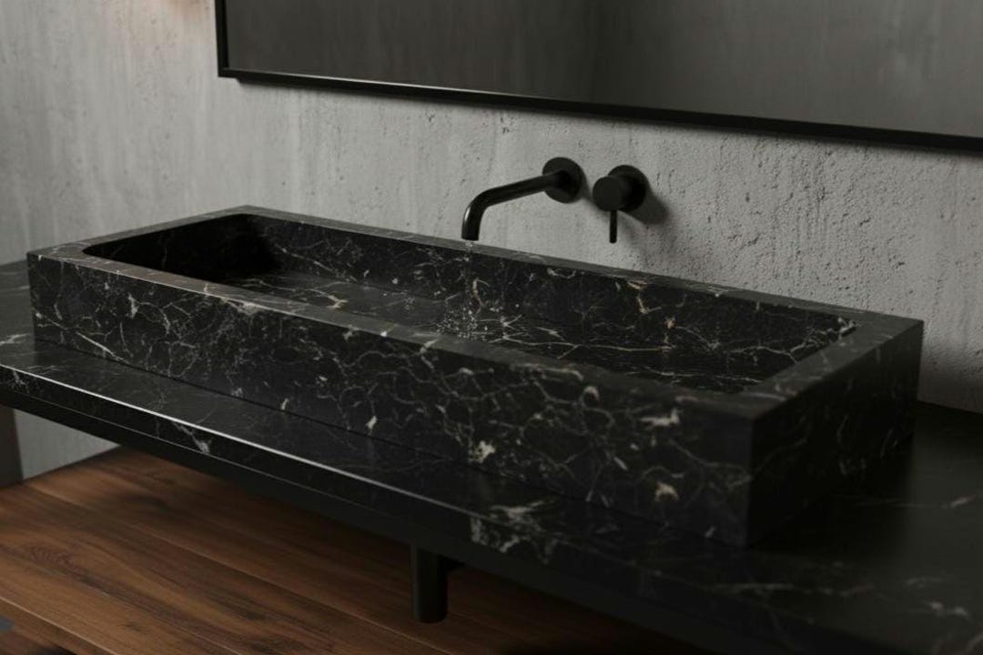 XL Unique Black Marble Trough Sink, 125 Cm Handcrafted Stone Vessel ...