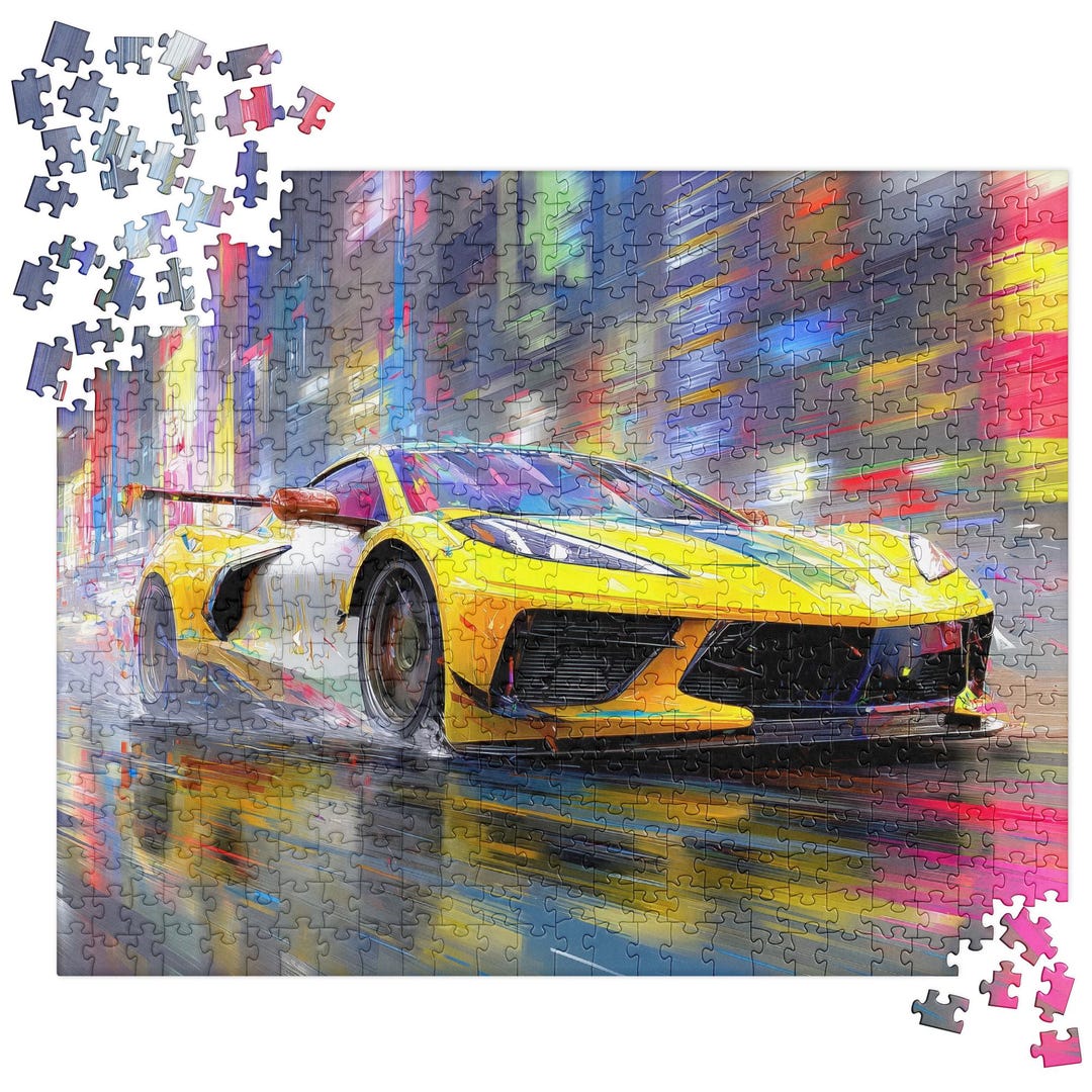 C8 Corvette Puzzle Yellow Supercar Neon City Night Racing Jigsaw Car ...
