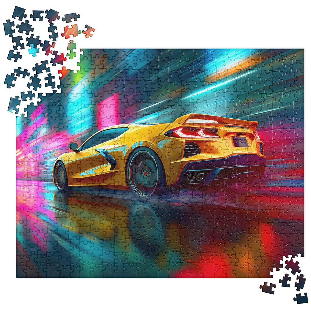 Corvette C8 Puzzle Neon Lights Supercar Racing Car Jigsaw Puzzle for ...