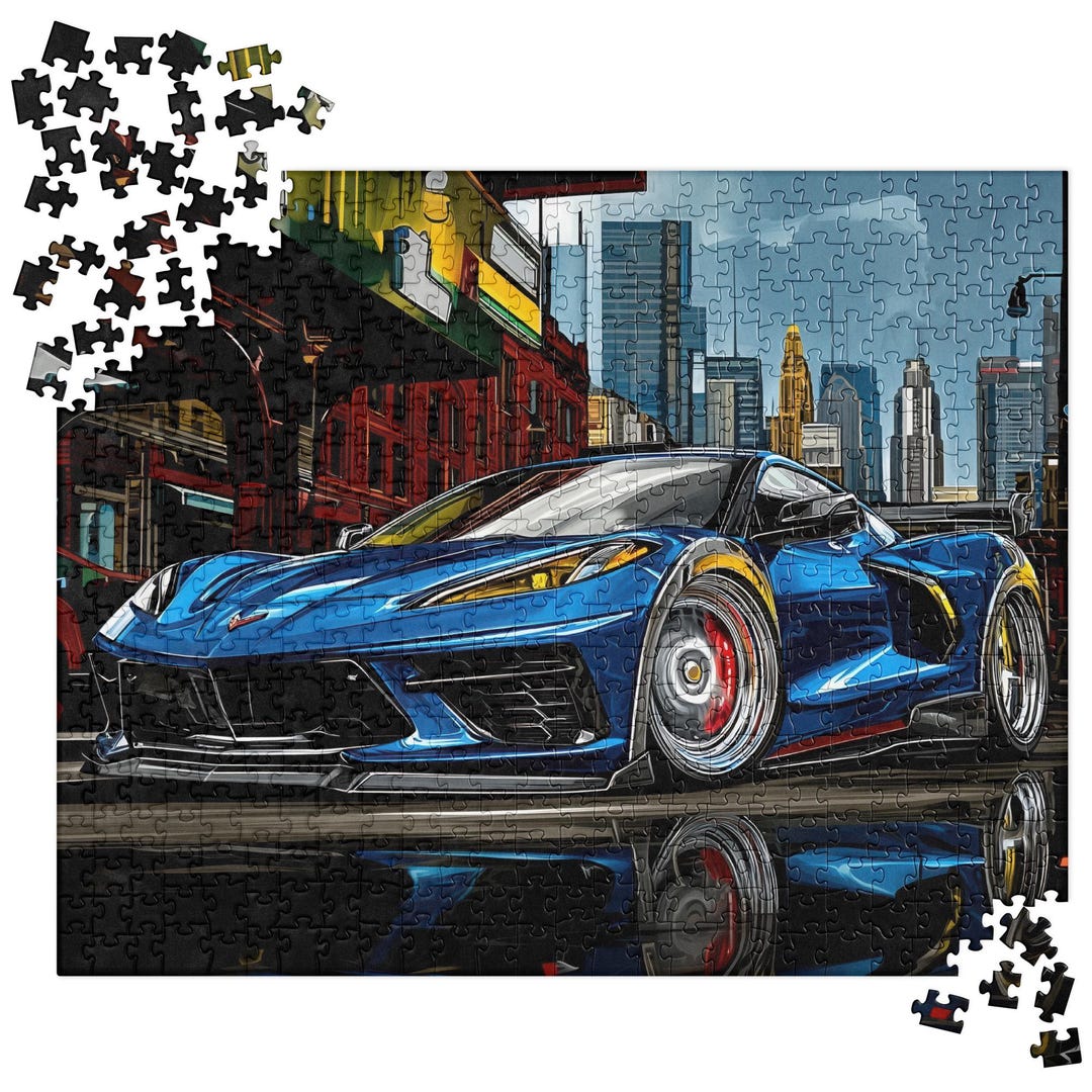 Blue C8 Corvette Puzzle City Reflections Supercar Jigsaw for Car Lover ...