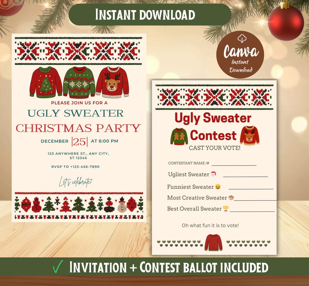 Editable Ugly Sweater Christmas Party Invitation & Ballot (digital ...