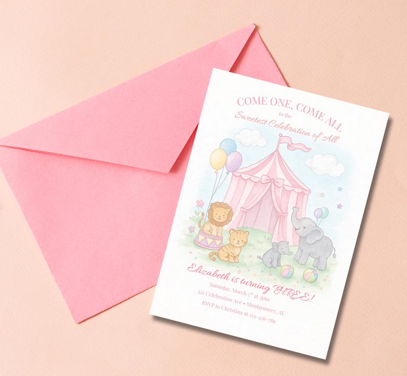 Editable Pink Circus Birthday Invitation | Pastel Carnival Theme | Girl ...
