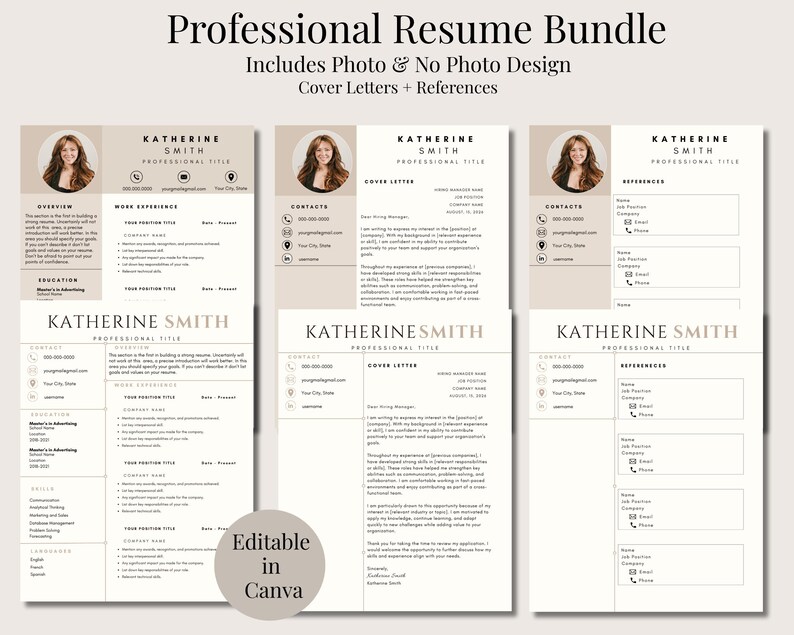 Modern Resume Template Bundle | Canva Editable CV With Photo & No Photo ...