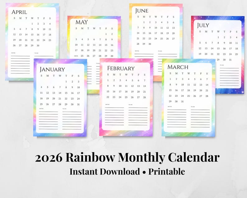 Printable 2026 Rainbow Desk Calendar Size 4x6 | Colorful Monthly ...