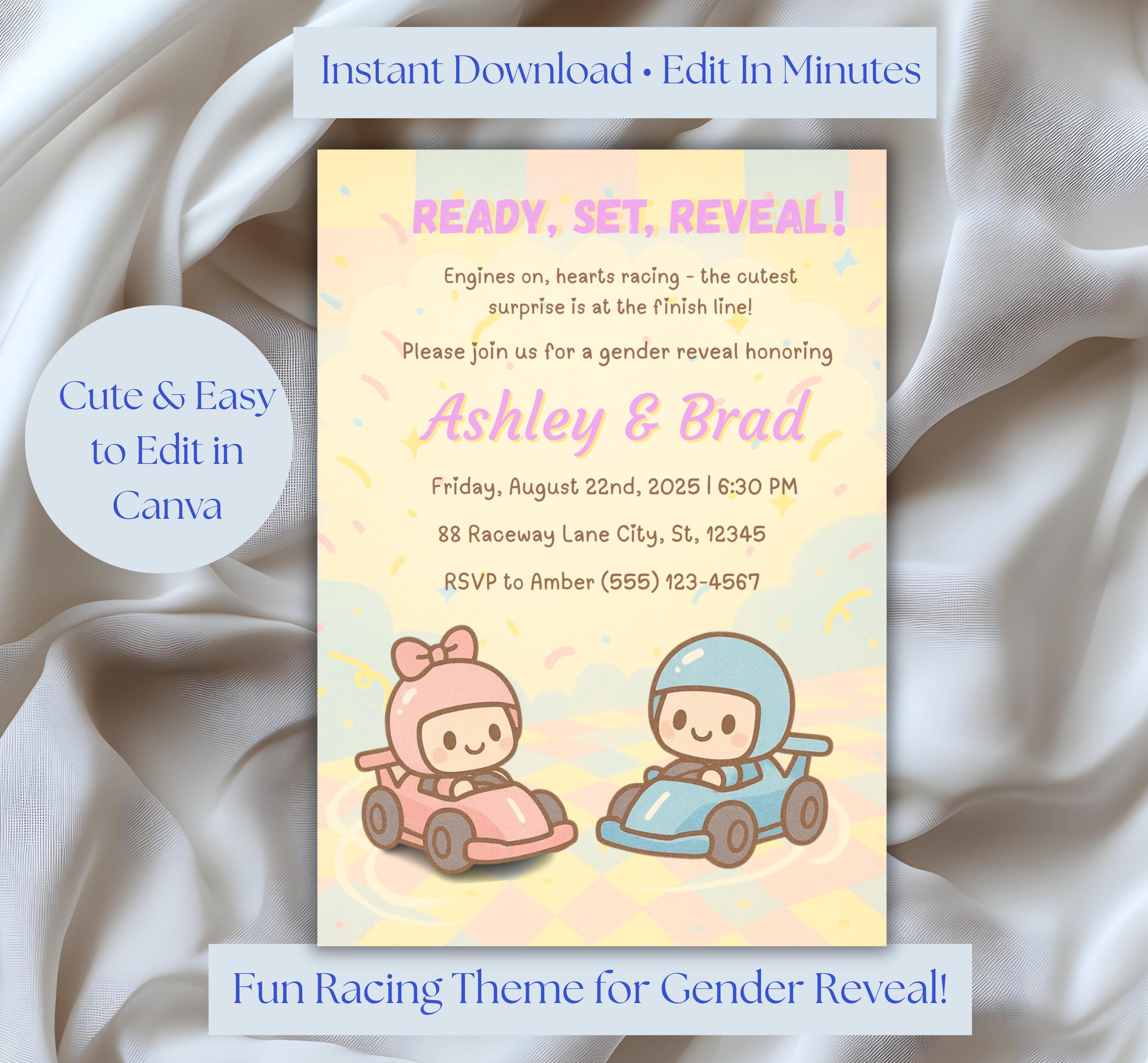 Editable Race Car Gender Reveal Invitation | Boy or Girl Invite ...