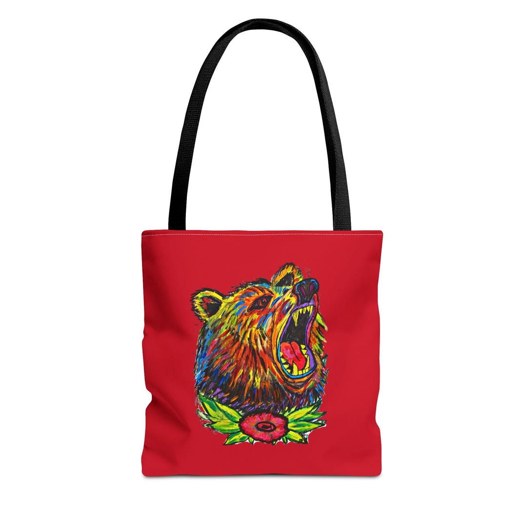 Dark Red Background Neon Abstract Bear Tote Bag, Colorful Artwork ...