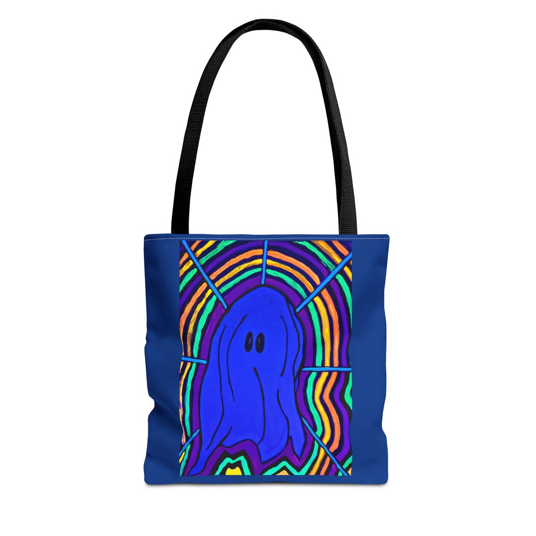 Dk Blue Background Neon Trippy Retro Ghost Vaporwave Abstract Art Tote ...