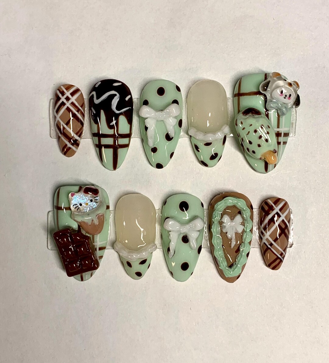 Mint Choco Chip Desserts 3D Hand Painted Press on Nails Gel High ...