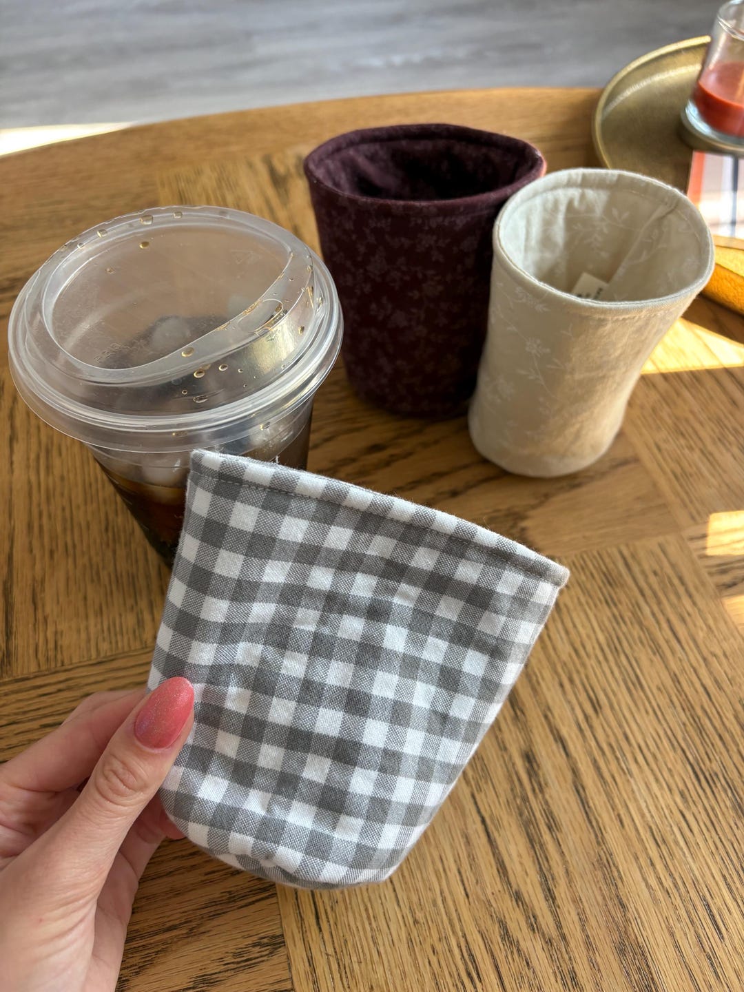 Insulated Iced Coffee Cozy Sleeve – Gingham Floral Cotton Drink Holder ...