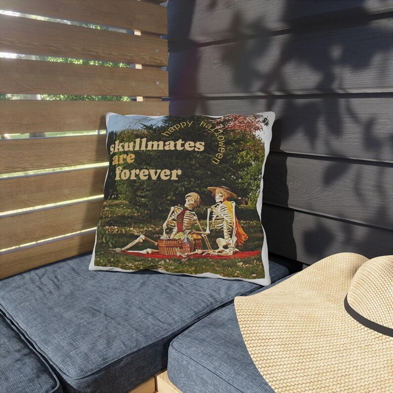 Skullmates Forever Outdoor Halloween Pillow: Spooky Skeleton Picnic ...