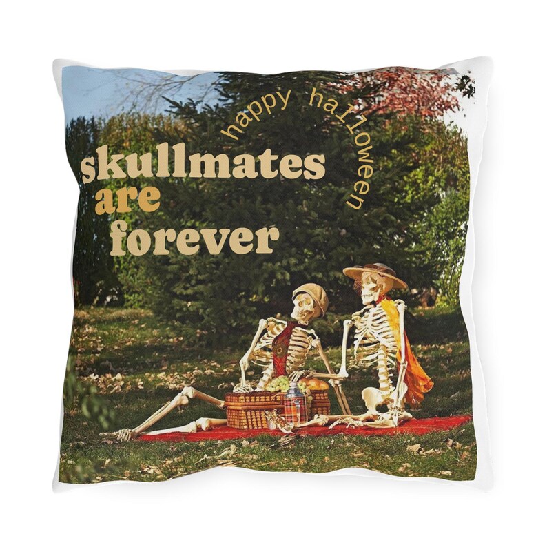 Skullmates Forever Outdoor Halloween Pillow: Spooky Skeleton Picnic ...