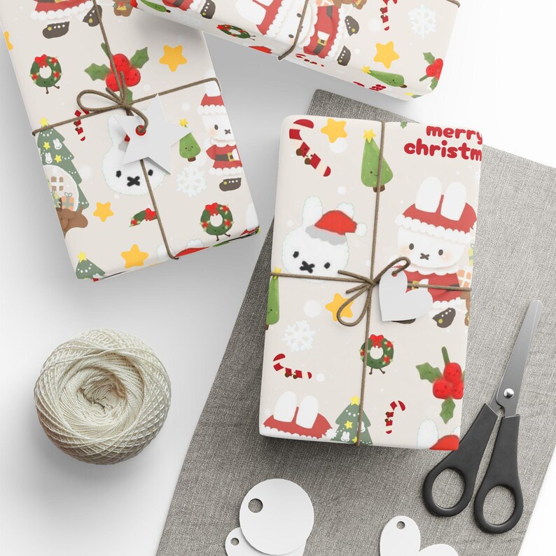Whimsical Miffy Bunny Santa and Holiday Icons Wrapping Paper ...