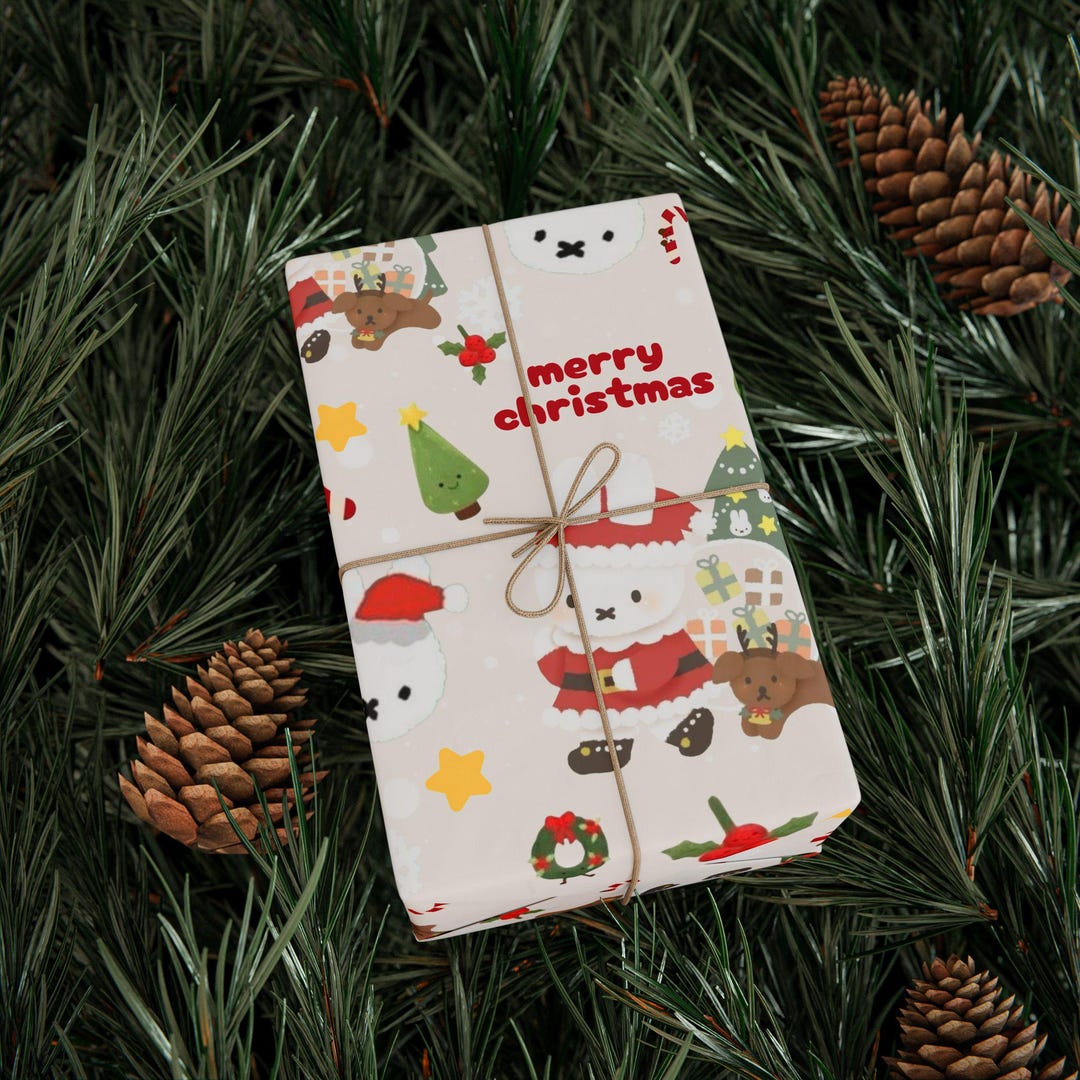 Whimsical Miffy Bunny Santa and Holiday Icons Wrapping Paper ...