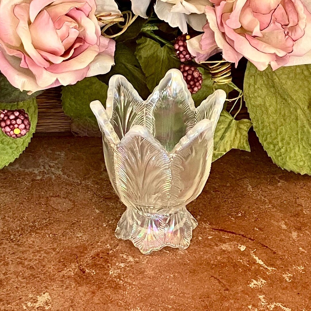 Vintage Tulip Vase Iridescent Glass, Clear Footed Vase With Tulip Edge ...
