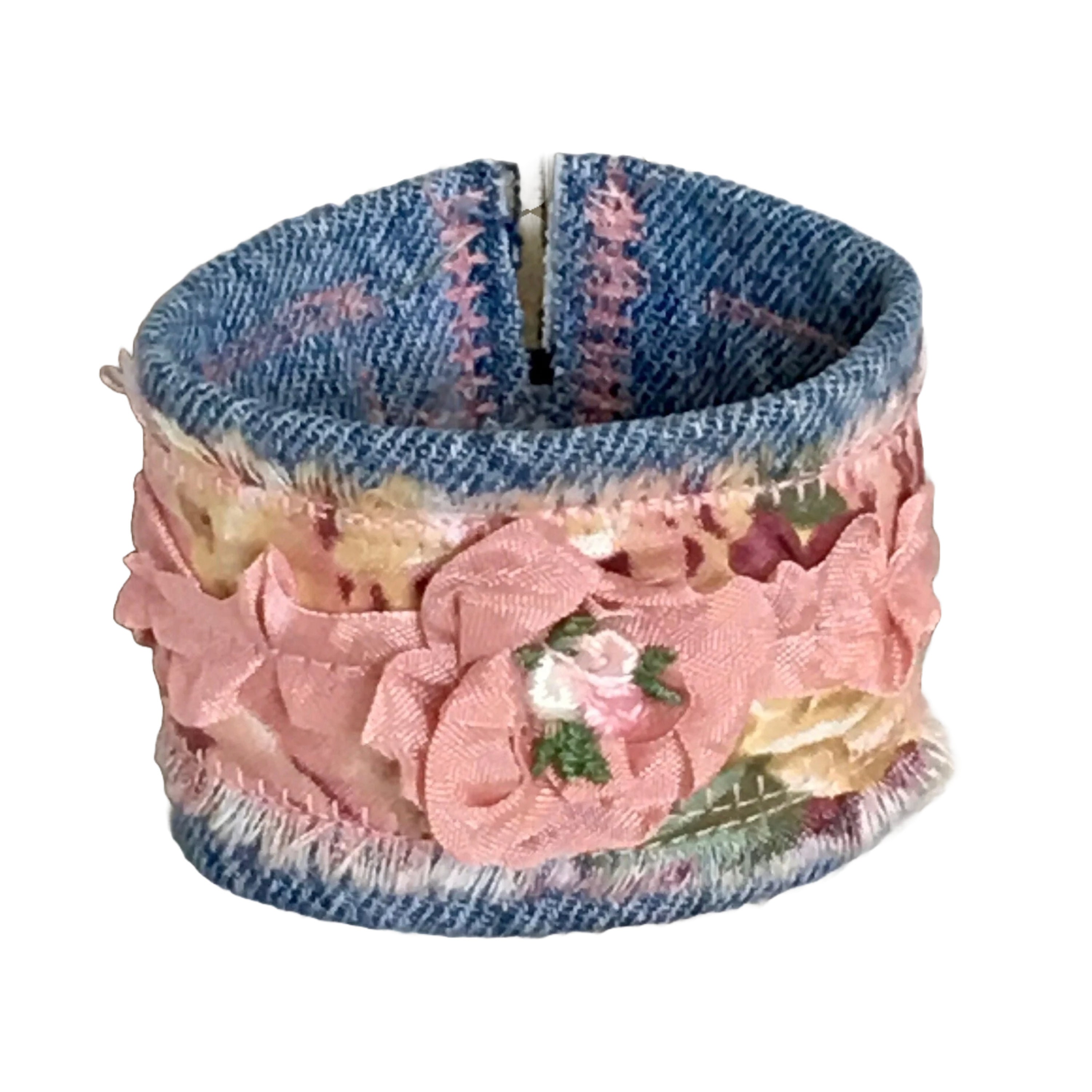 Pink Boho Chic Ribbon and Denim Wrist Cuff, Unique Handmade Fabric ...