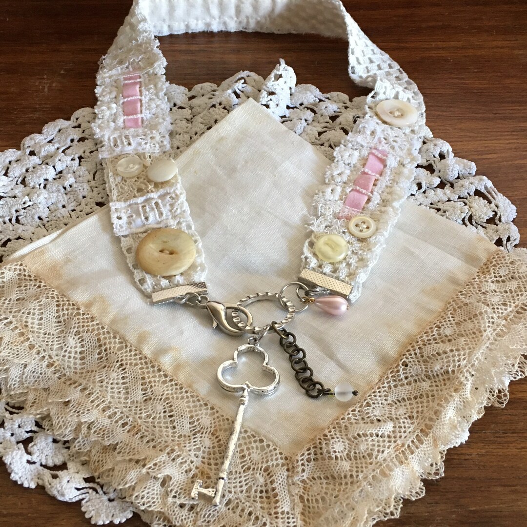 Coquette Necklace, Vintage Lace and Ribbon Necklace With Charms ...