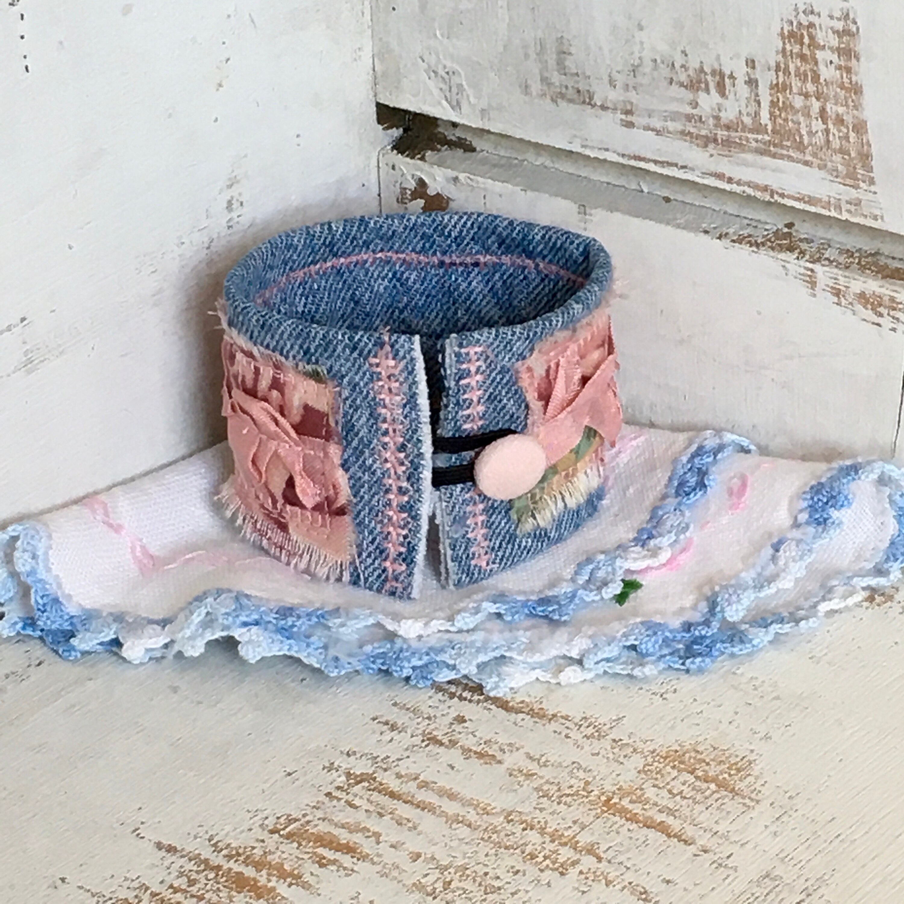 Pink Boho Chic Ribbon and Denim Wrist Cuff, Unique Handmade Fabric ...