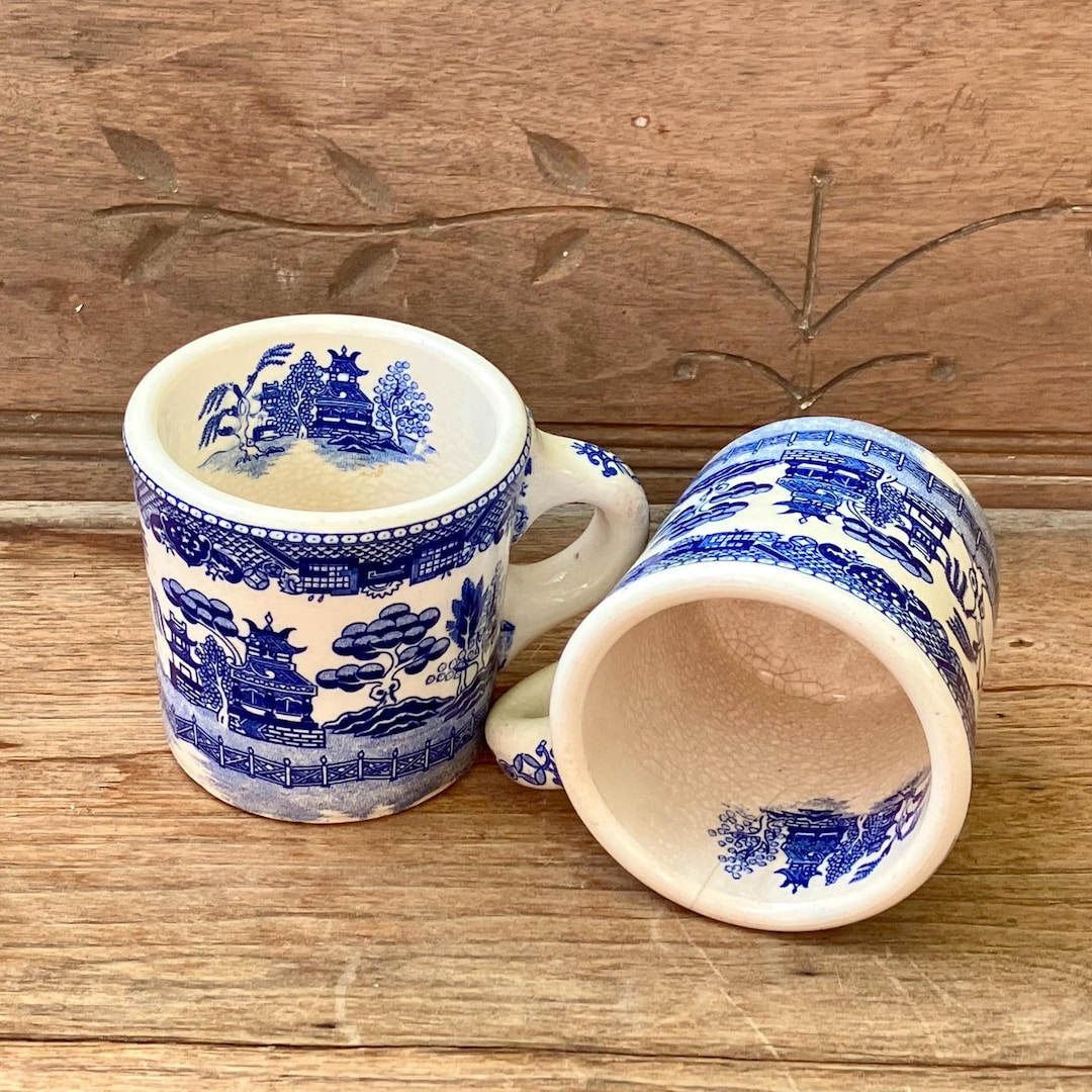 Vintage Mugs Aged Patina Blue and White Transferware Mugs Rustic ...