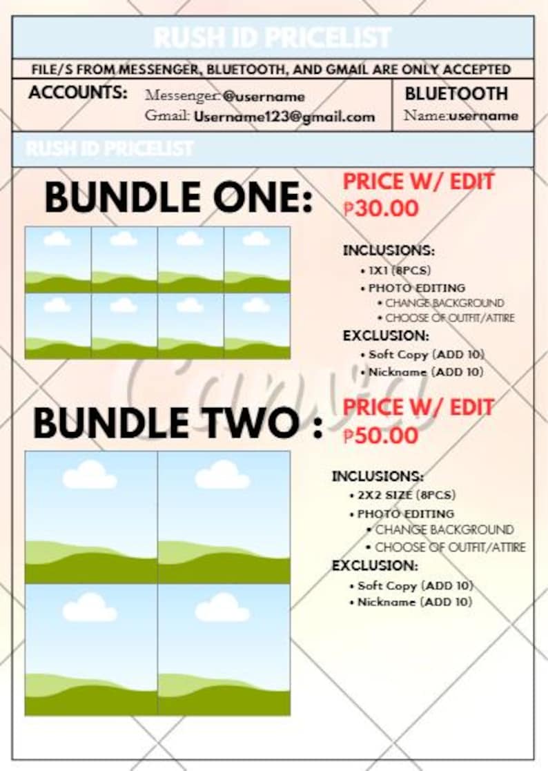 Editable and Printable Rush ID Template and Price Guide - Etsy