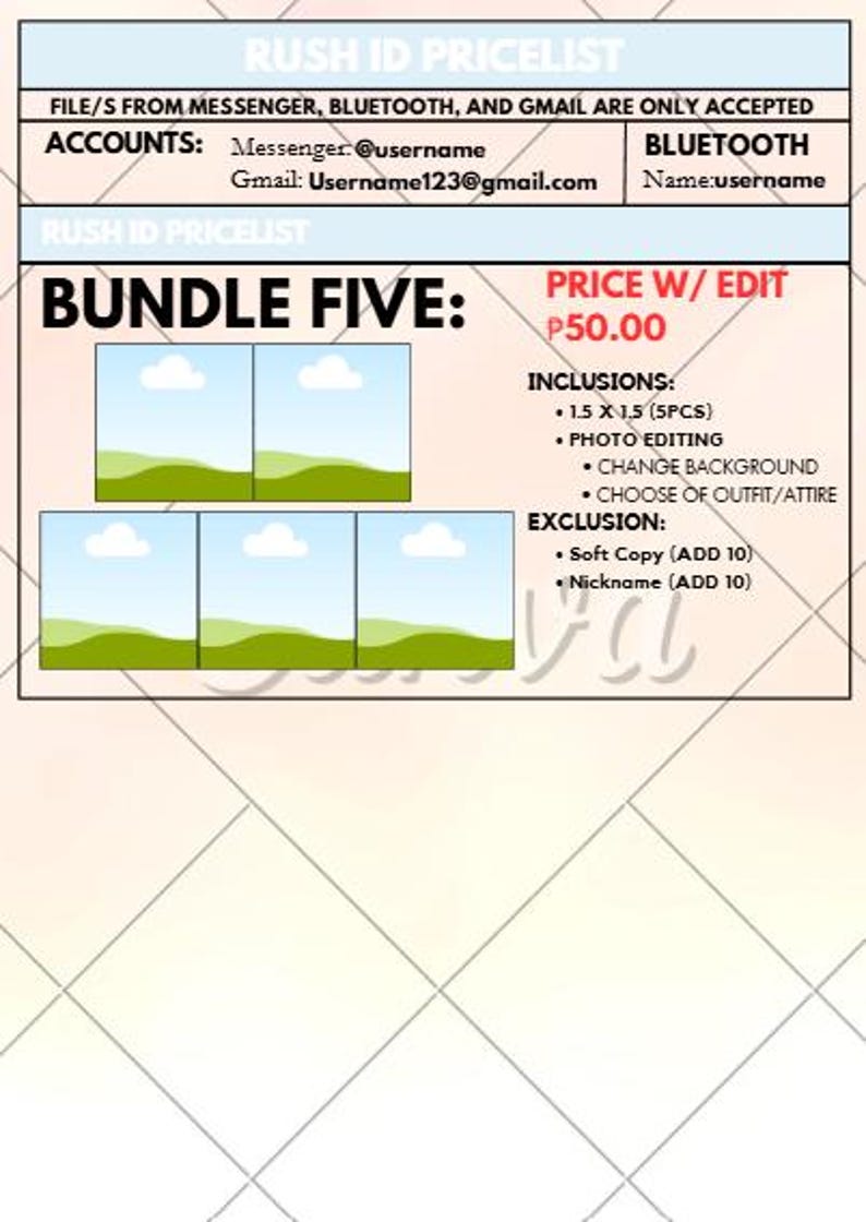 Editable and Printable Rush ID Template and Price Guide - Etsy
