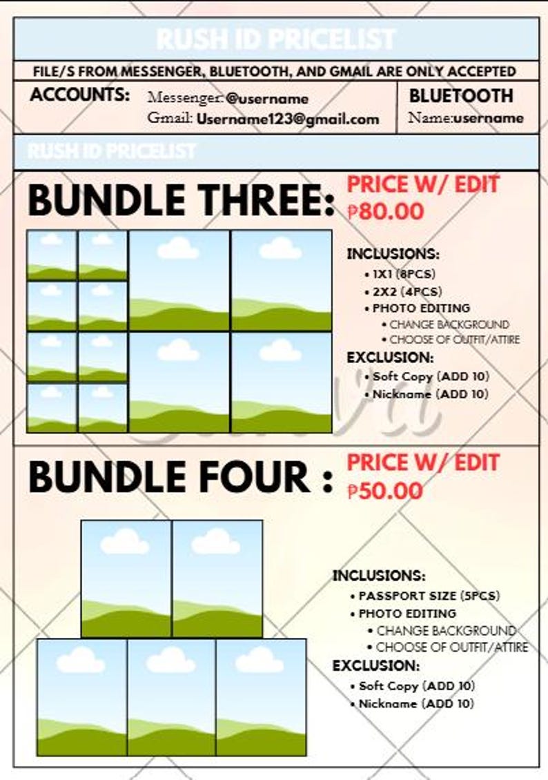 Editable and Printable Rush ID Template and Price Guide - Etsy