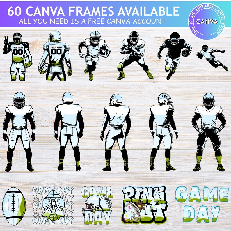 American Football Editable Canva Frames Bundle, Custom Football Player ...