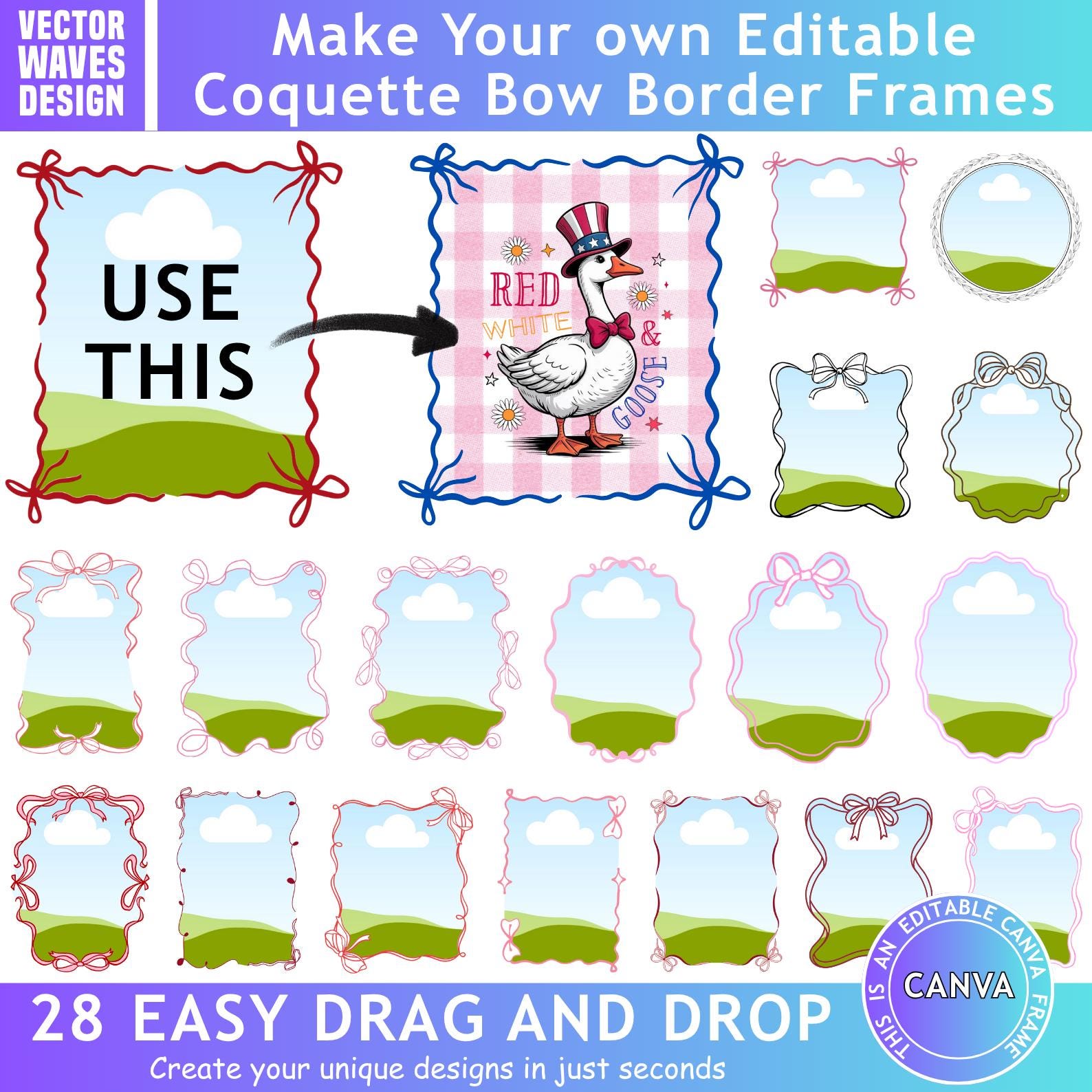 Editable Coquette Bow Border Frames Bundle – 28 Canva Templates – Drag ...