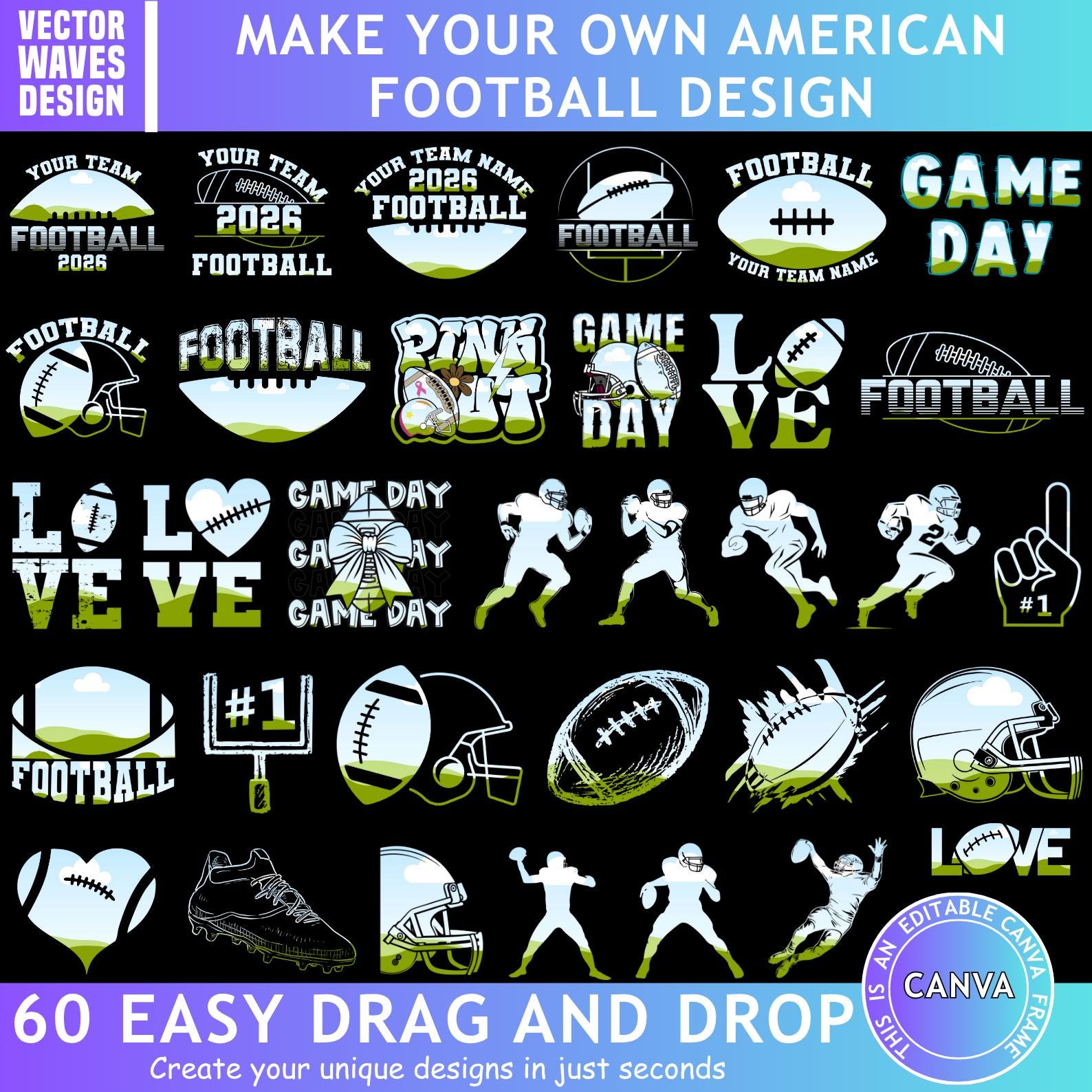 American Football Editable Canva Frames Bundle, Custom Football Player ...