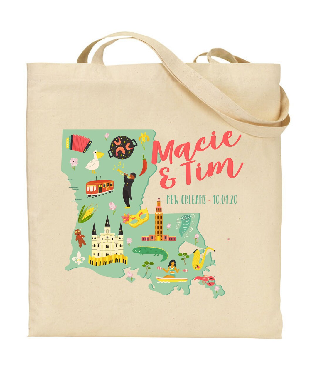 Louisiana Wedding Map Tote Bag Custom Printed Wedding Guest Canvas Tote ...