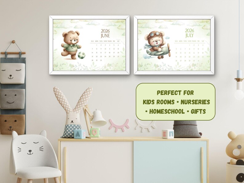 Kids Calendar 2026 Printable | Teddy Bear Nursery Decor | Cute Monthly ...
