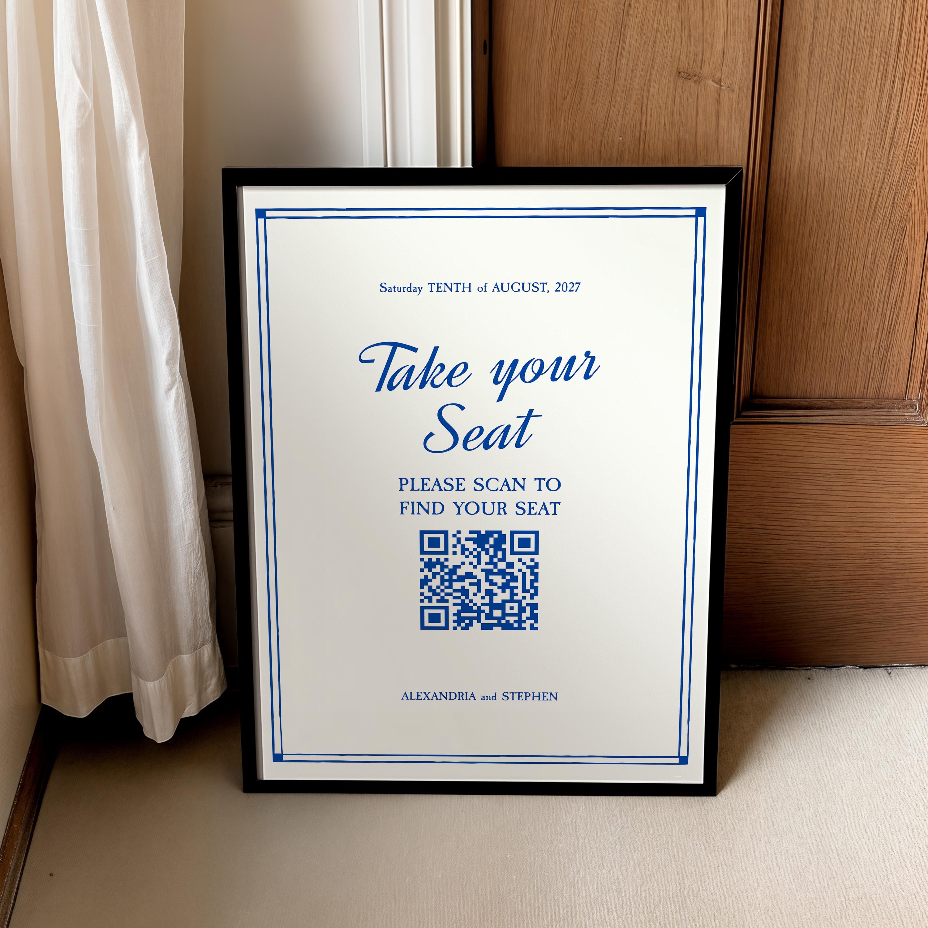 Digital QR Code Seating Chart Sign Template, Cobalt Blue Luxury Wedding ...