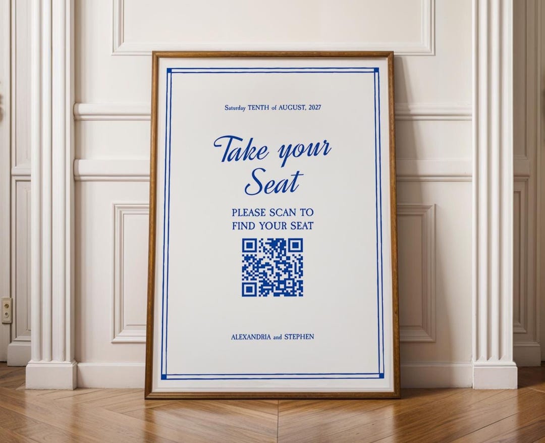 Digital QR Code Seating Chart Sign Template, Cobalt Blue Luxury Wedding ...