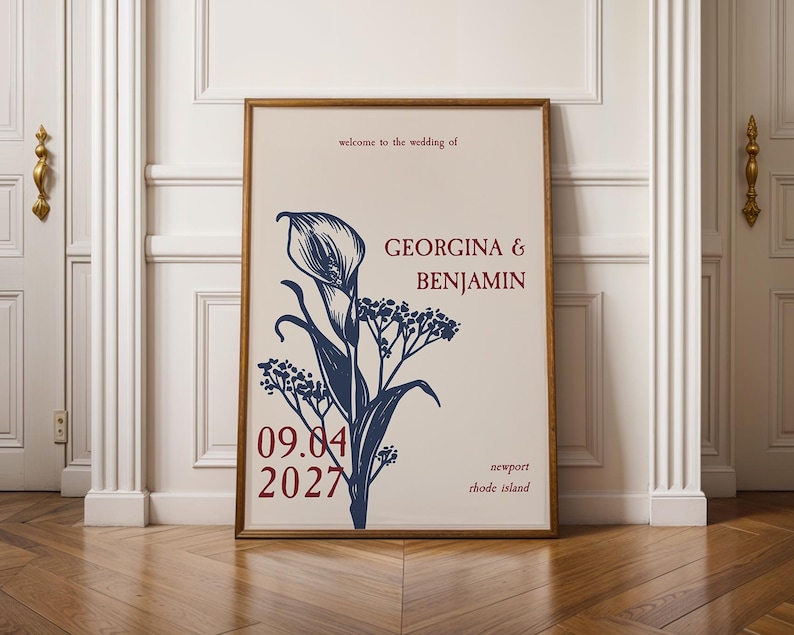 Calla Lily Wedding Welcome Sign Template in Navy Burgundy | L2 - Etsy