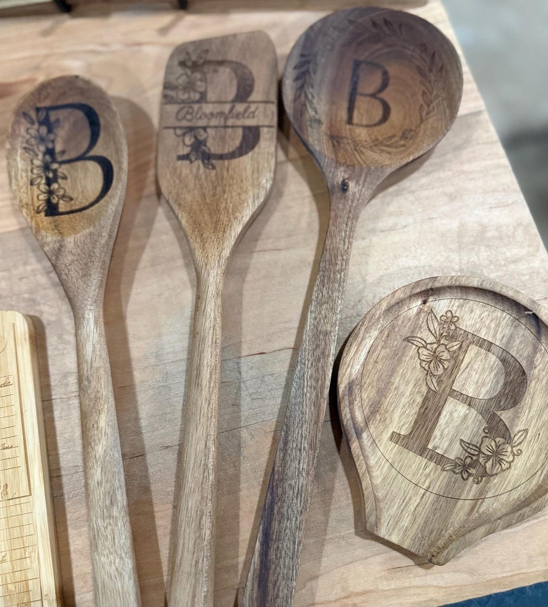 Personalized Wooden Kitchen Utensil Set | Engraved Spoons & Rest - Etsy