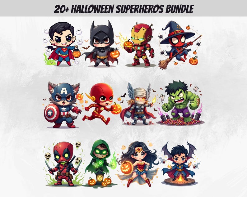 Cute Halloween Superhero Clipart Bundle, Pumpkin Season Chibi Heroes ...