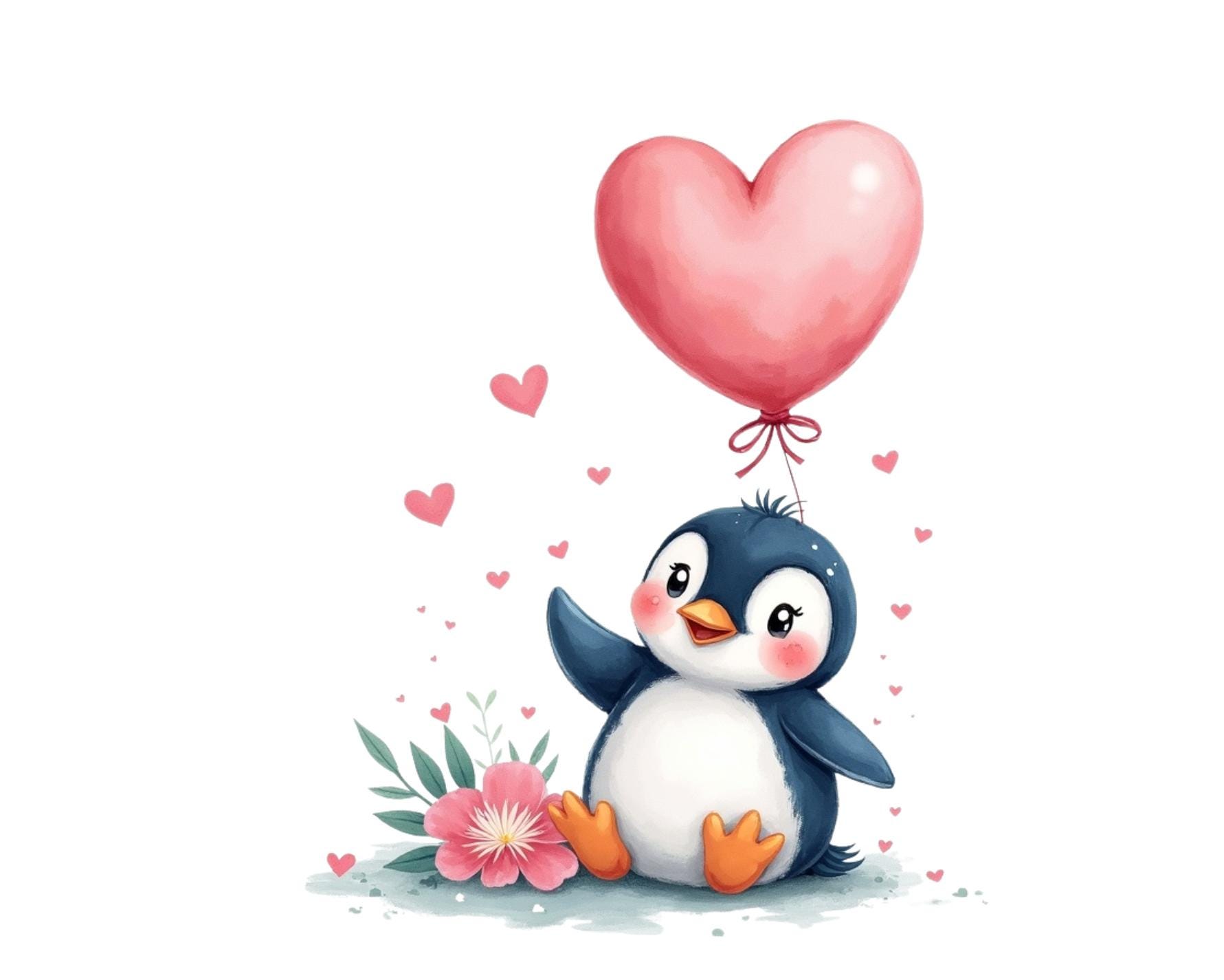 Whimsical Valentines Penguin Clipart Bundle PNG | Cute Penguin Love ...
