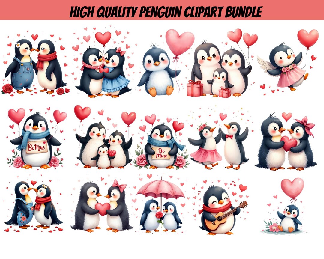 Whimsical Valentines Penguin Clipart Bundle PNG | Cute Penguin Love ...