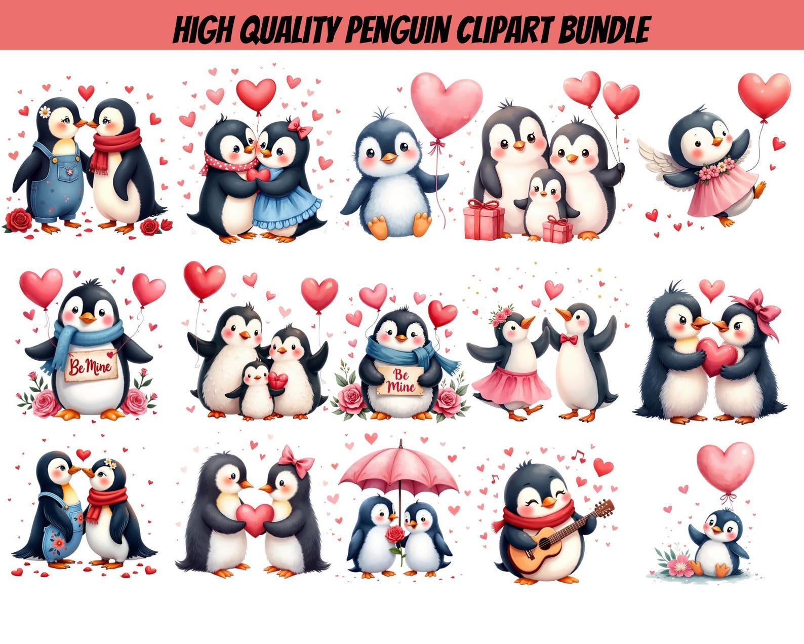 Whimsical Valentines Penguin Clipart Bundle PNG | Cute Penguin Love ...