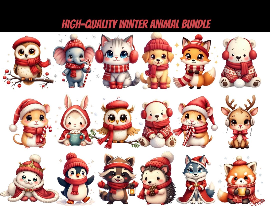 Winter Animal Clipart Bundle | Cute Christmas Animals PNG | Snow ...