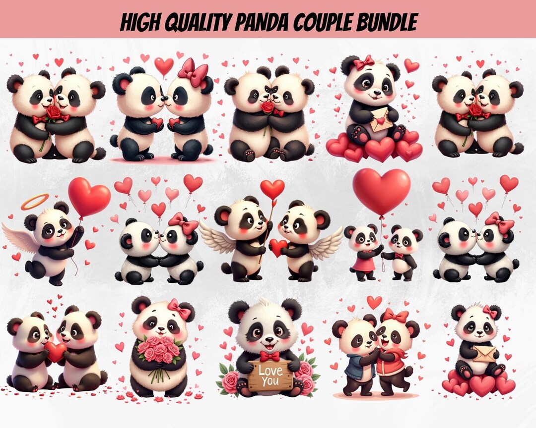 Whimsical Valentines Panda Clipart | Cute Panda Couple PNG | Hearts ...