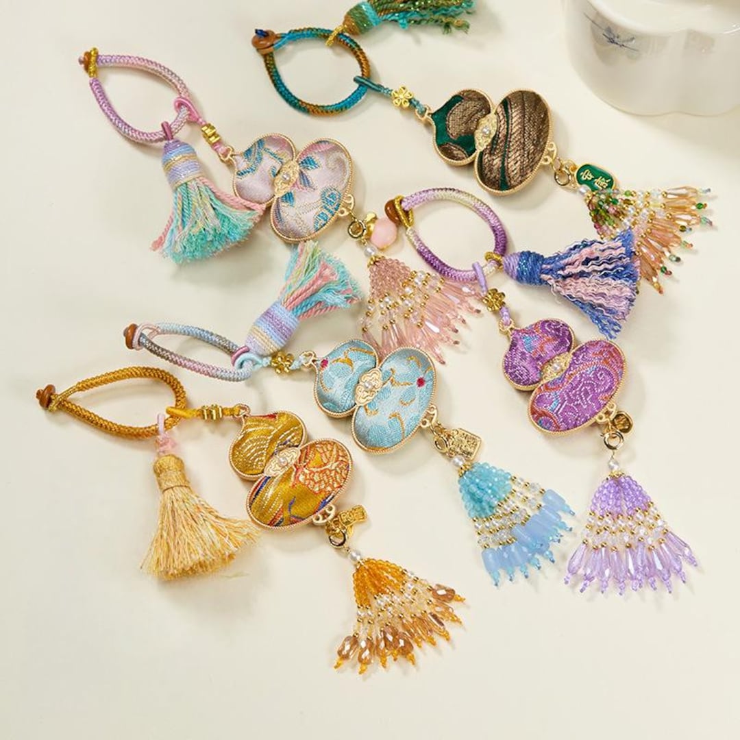 Fu Lu Gourd Charm, Chinese Silk Brocade Bag Charm, Lucky Blessing ...